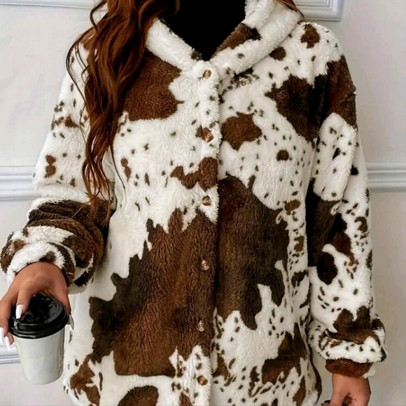 Jackets & Coats | New Plush Jacket With Cow Pattern Button Hoodie ...